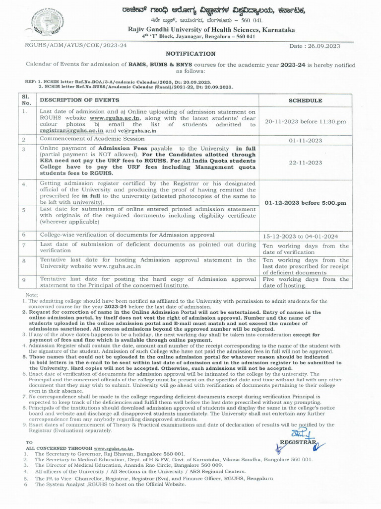 Calendar of Events For Admission of BAMS BUMS BNYS 2023-24 | PDF