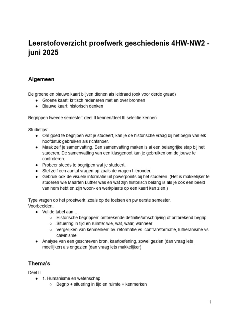 Leerstofoverzicht Proefwerk Geschiedenis 4HW-NW2 - Juni 2025 | PDF