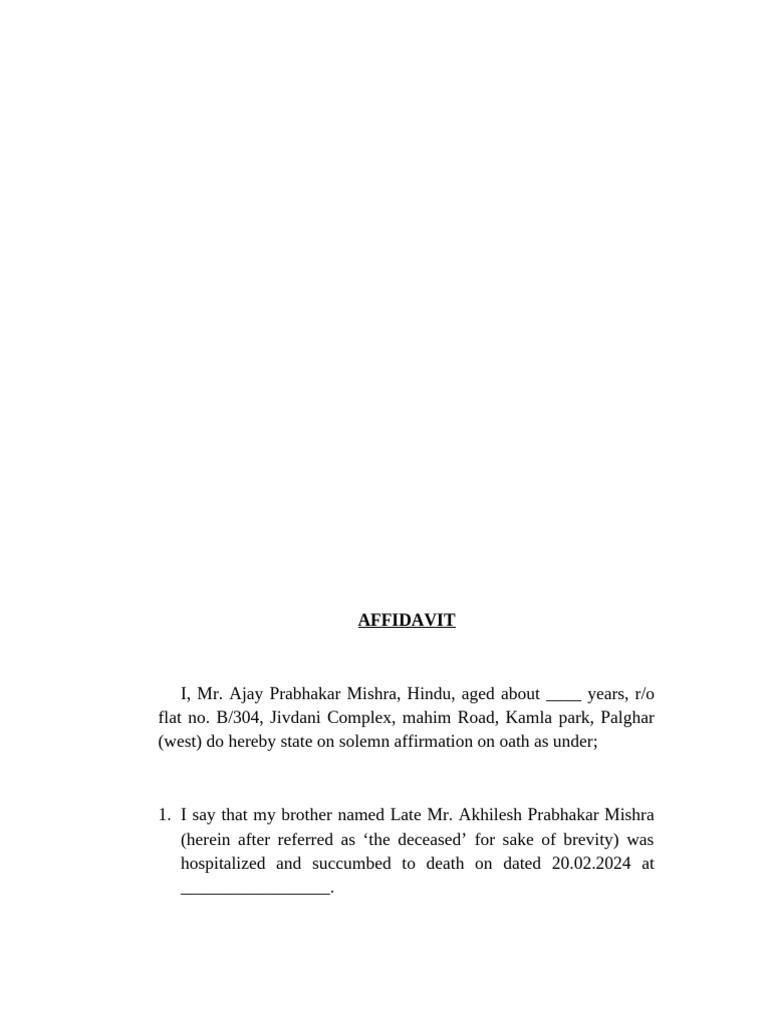 Affidavit For Death Certificate Ajay Mishra | PDF