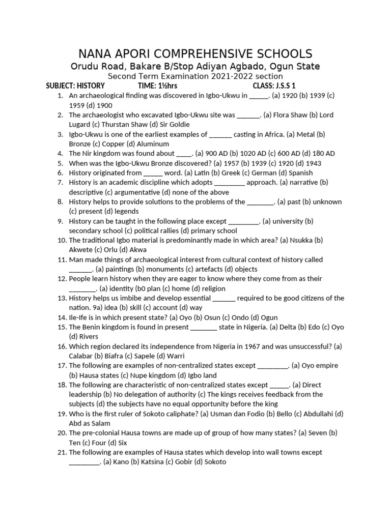 3rd Term Examination Jss1 History | PDF | Nigeria
