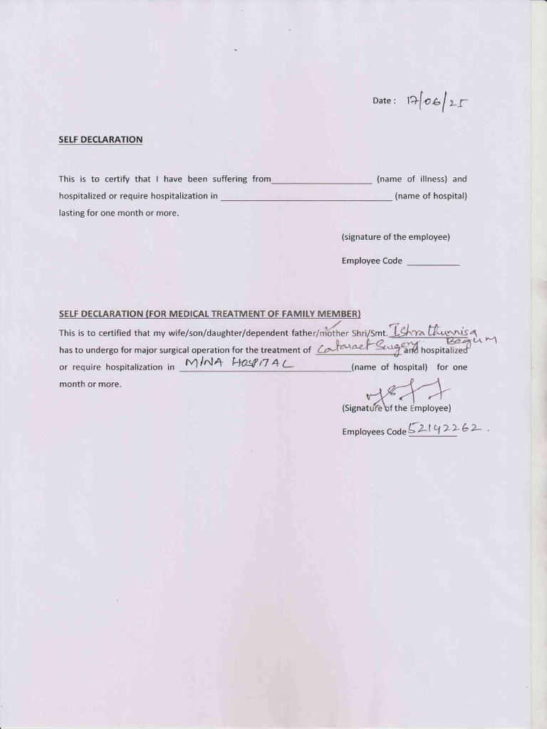 Medical Self Declaration for Family Care | PDF