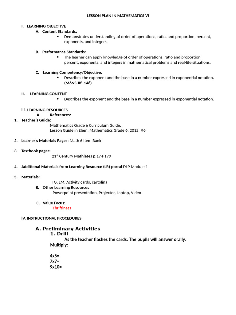 Els- Co Quarter 2-Week 6-Edit Lesson Plan | PDF | Exponentiation ...