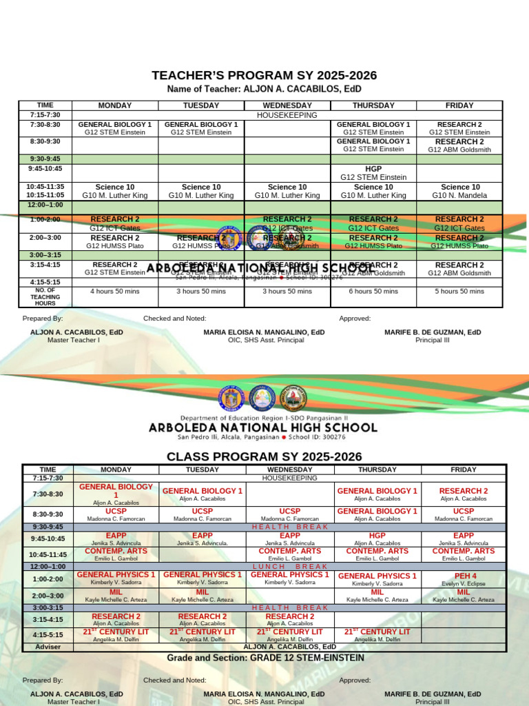 Teachers Program Class Program Template 25 26 | PDF