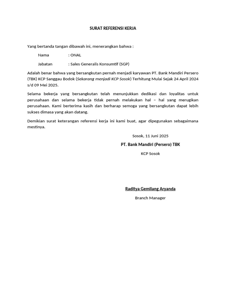 Surat Referensi Kerja Onal SGP | PDF