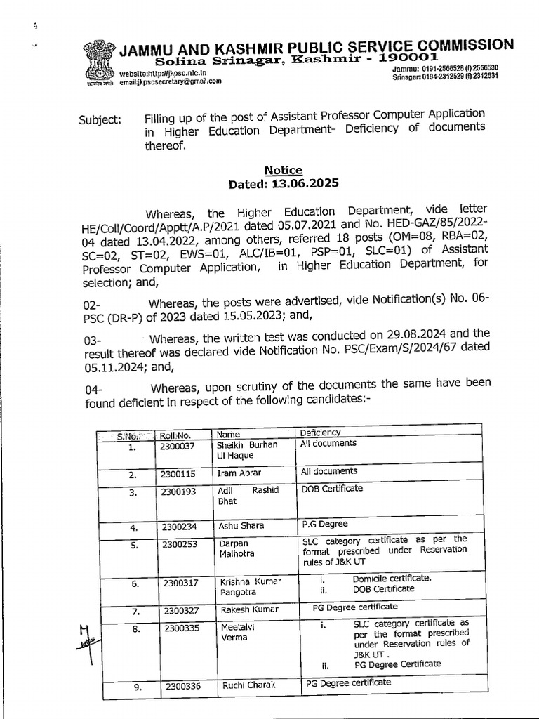 Deficiency Notice For The Post of Assistant Professor Computer ...