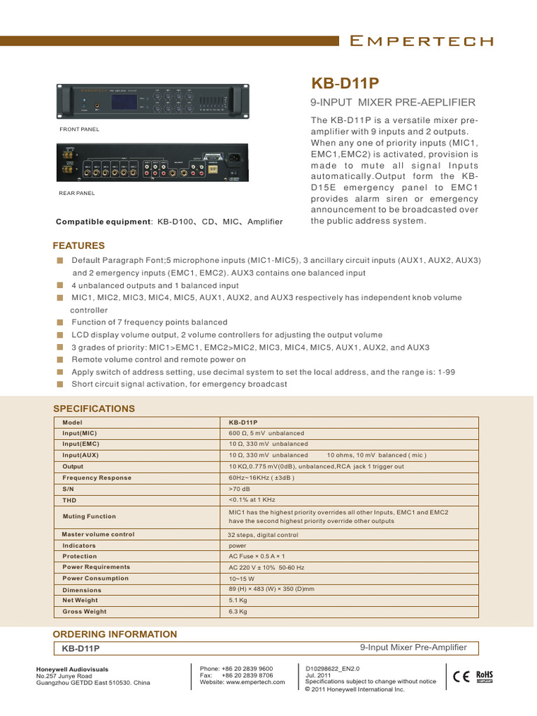 KB D11P 9 Input Mixer Pre Amplifier | PDF | Amplifier | Microphone