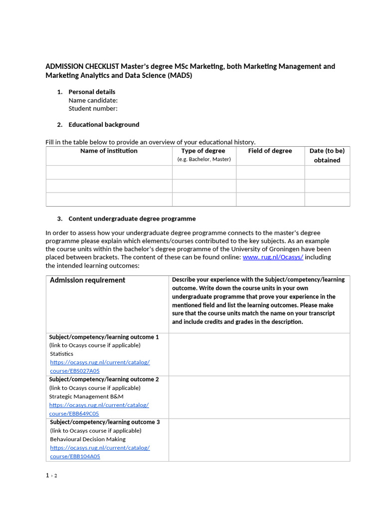 Admission Checklist MSC Marketing | PDF | Master Of Science