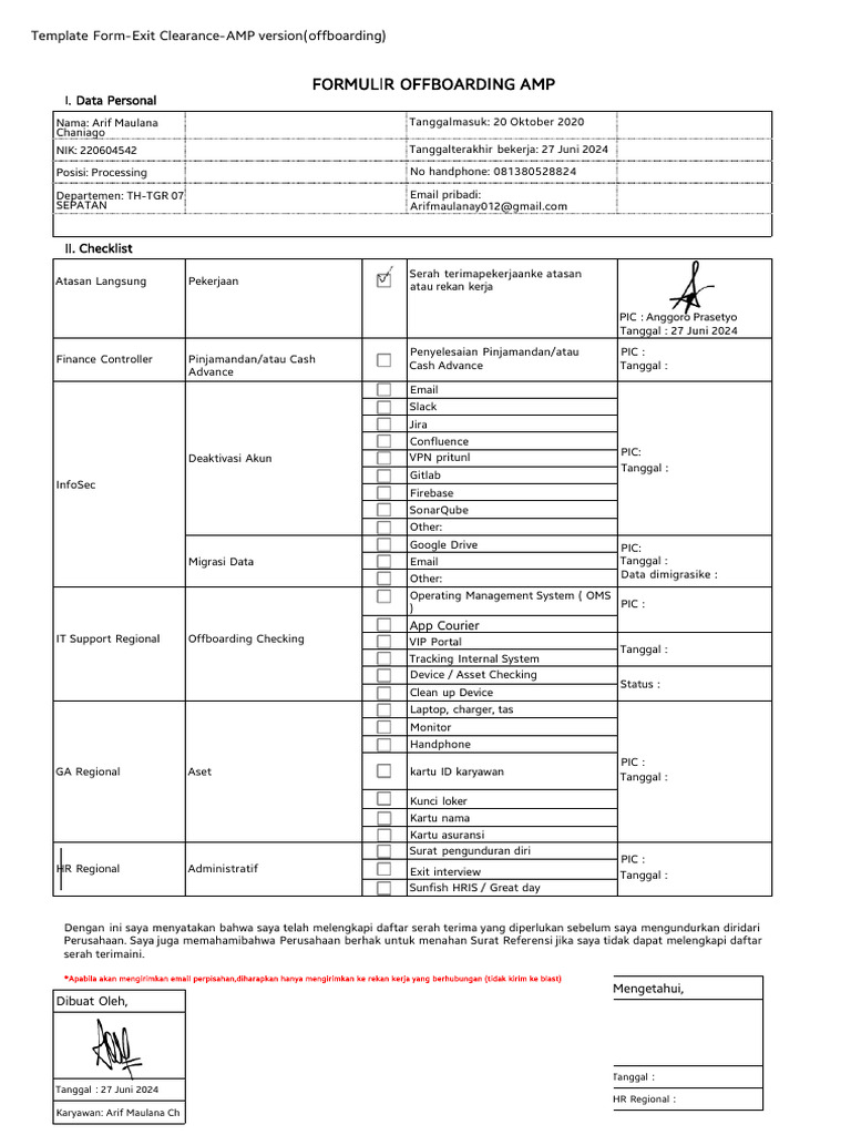 Form Exit Clearance-AMP Version (Offboarding) - Updated Form | PDF