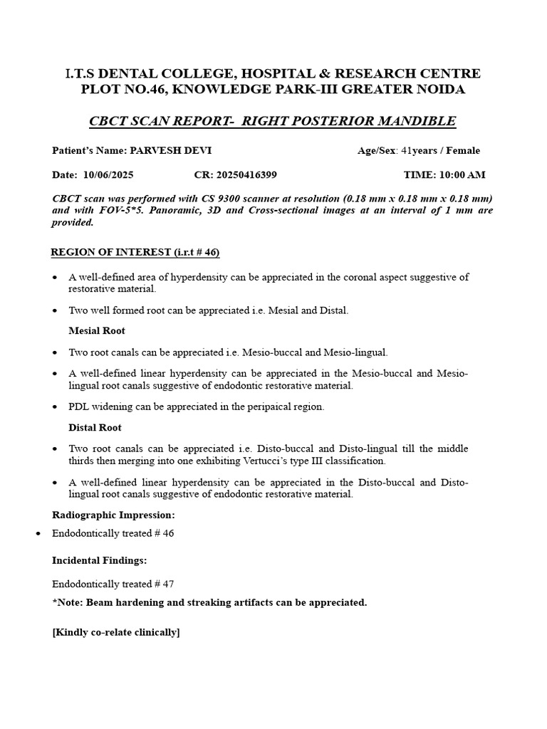 CBCT Scan Report-Right Posterior Mandible | PDF
