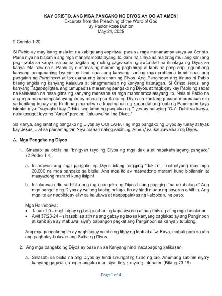 2025 May 24 - Kay Cristo, Ang Mga Pangako NG Diyos Ay Oo at Amen! | PDF