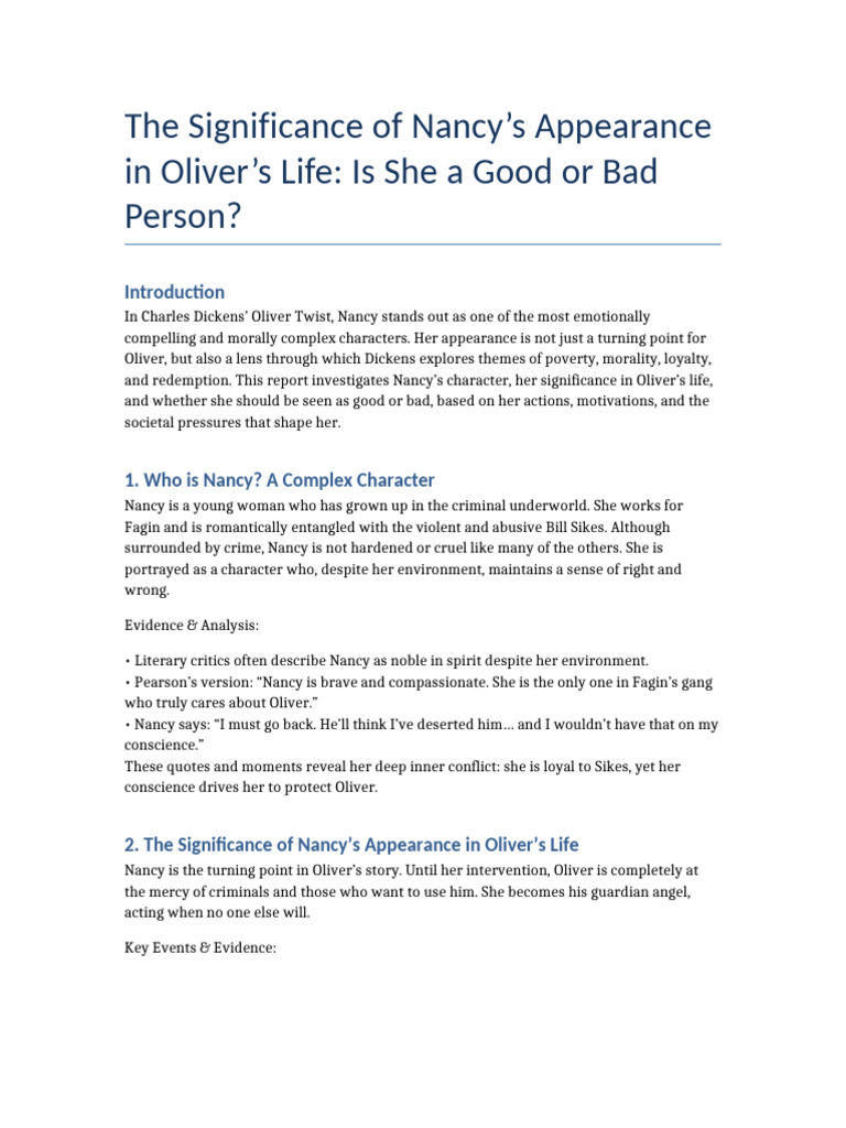 Nancy's Role in Oliver Twist's Redemption | PDF | Nancy (Oliver Twist ...