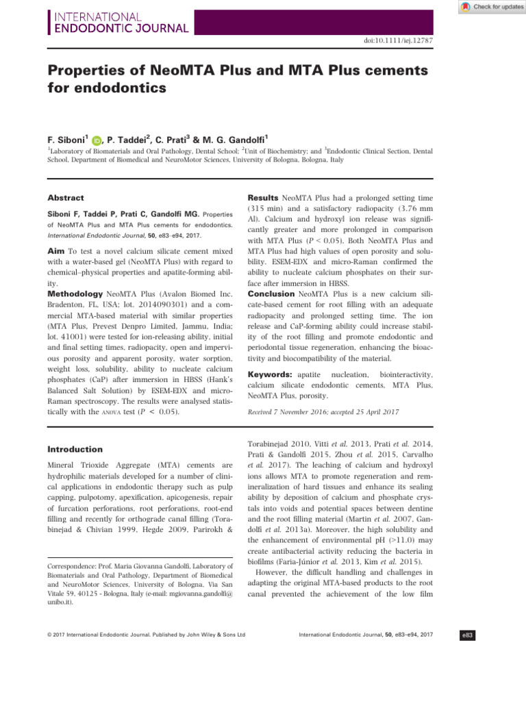 Int Endodontic J - 2017 - Siboni - Properties of NeoMTA Plus and MTA Plus Cements For ...