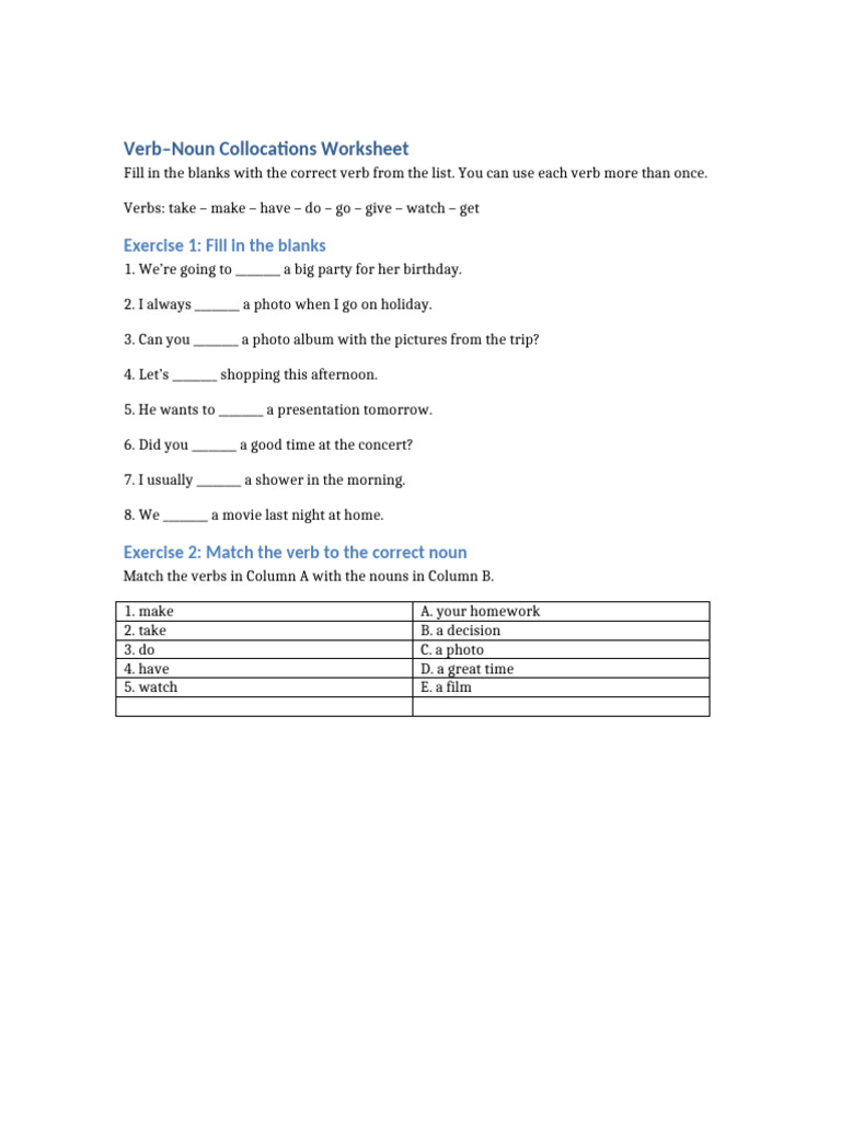 Verb Noun Collocations Worksheet | PDF