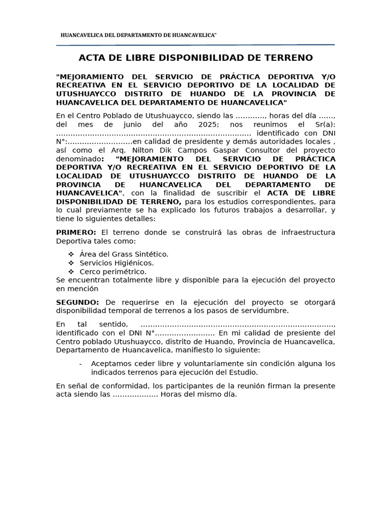 Acta de Disponibilidad de Terrenos | PDF