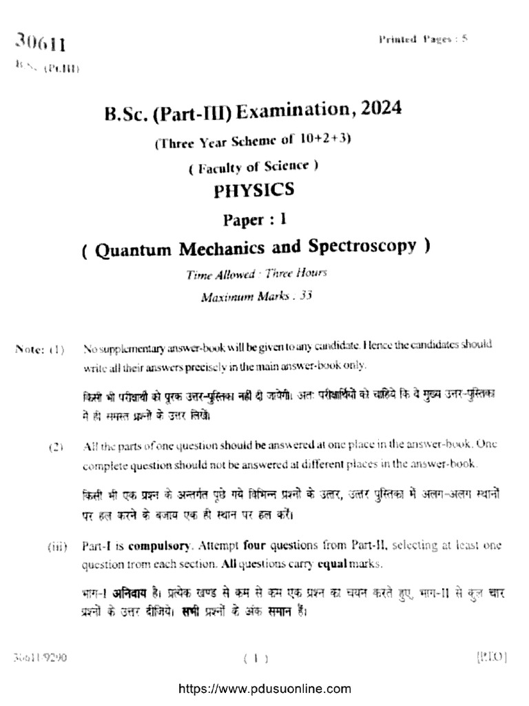 BSC Part 3 Physics p1 Quantum Mechanics and Spectroscopy 30611 2024 | PDF
