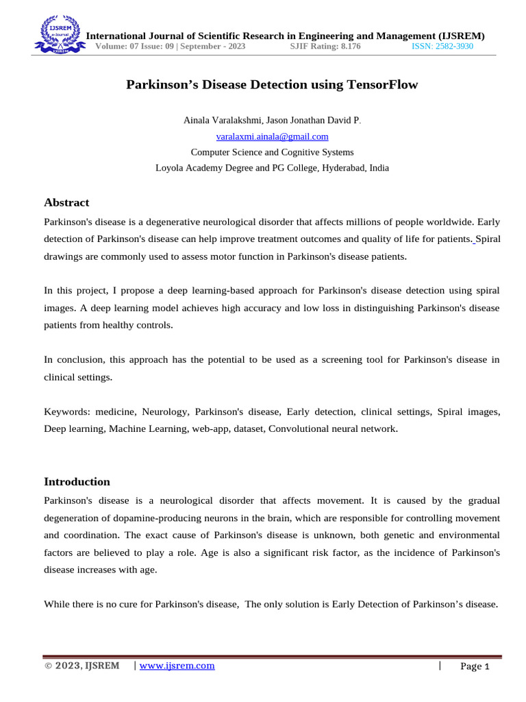 Parkinson's Disease Detection Using TensorFlow | PDF | Parkinson's Disease | Deep Learning