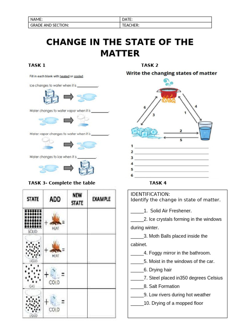 Change in The State of Matter Activity | PDF