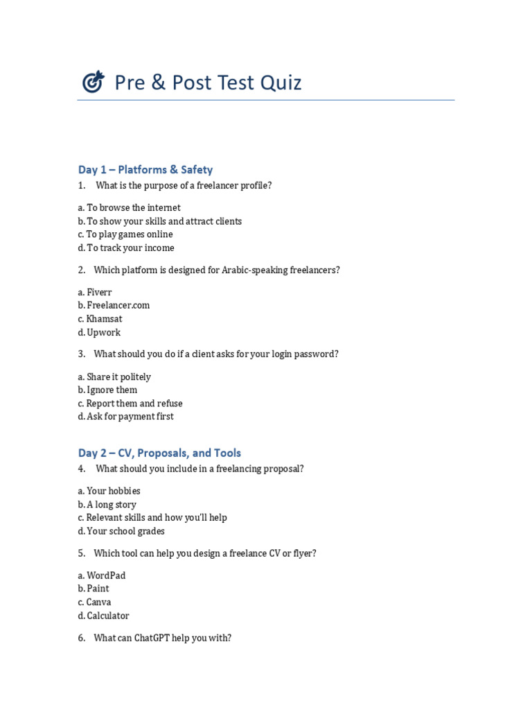 Freelancing Skills Quiz: Pre & Post Test | PDF