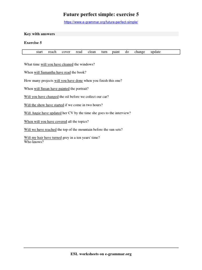 Future Perfect Simple Exercise 5 Key | PDF
