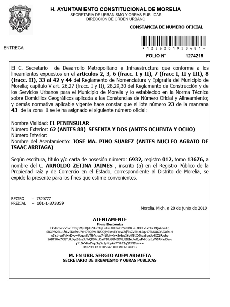 Constancia de Número Oficial Morelia | PDF