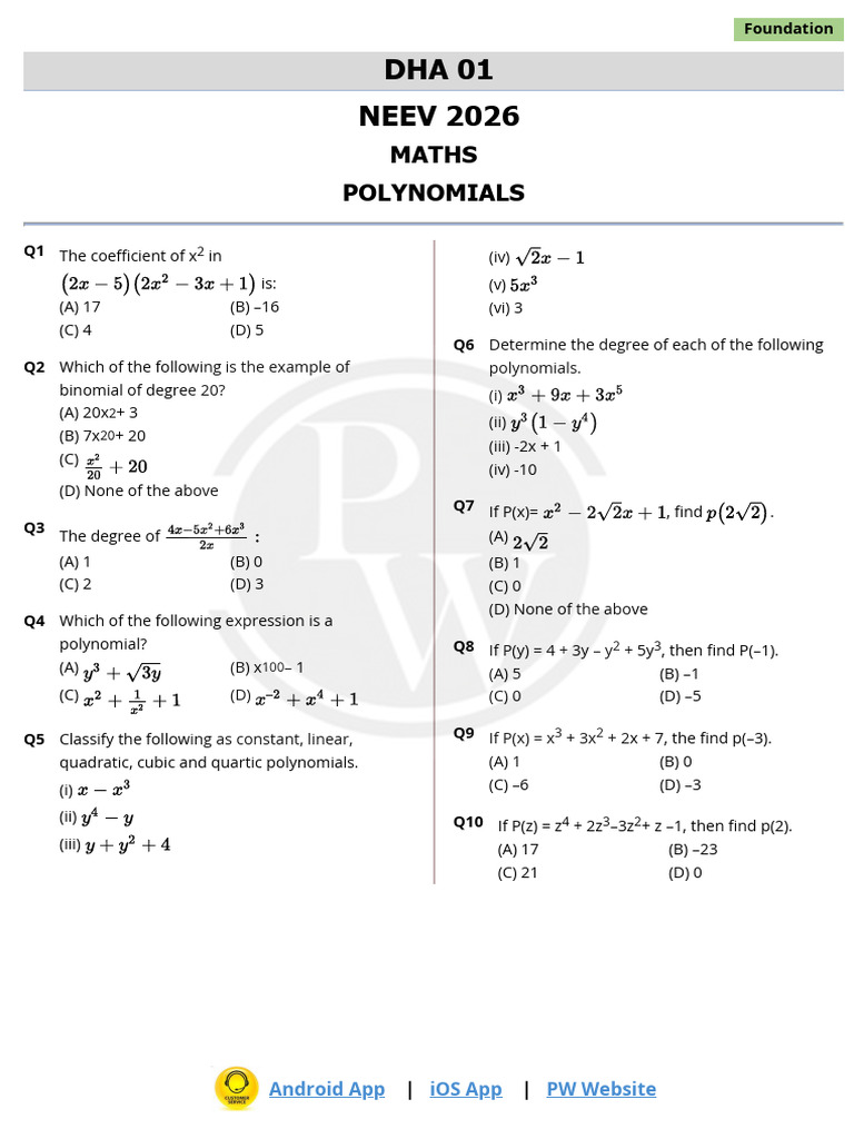 Polynomials - DHA 01 - Neev 2026 | PDF | Polynomial | Applied Mathematics