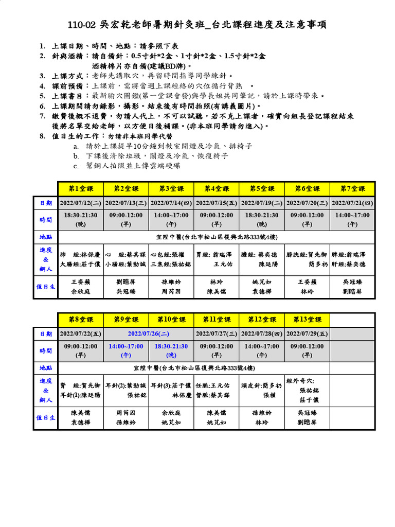 11002吳宏乾老師暑期針灸班課程進度與注意事項 | PDF
