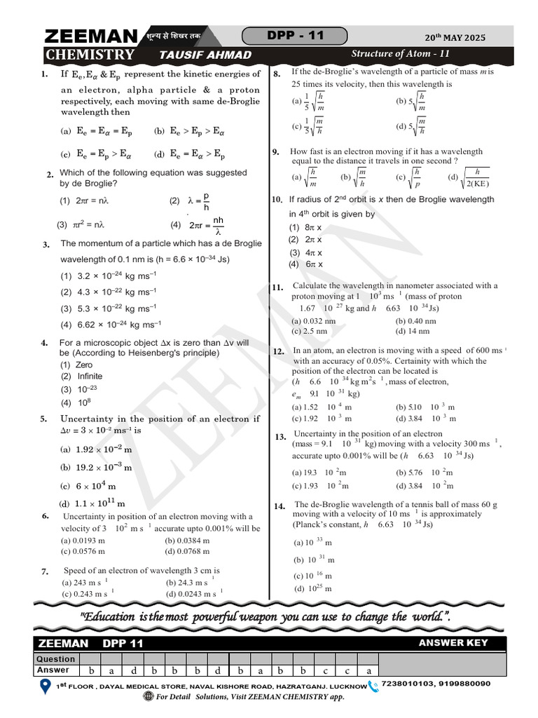 ATOMIC DPP 11 De-Broglie Wavelength | PDF | Electron | Wavelength