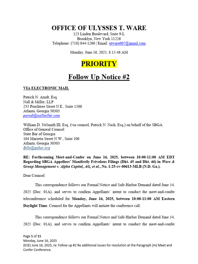 (01E) 06.16.25 Re Follow Up No 2 Re Additional Issues For Resolution at ...