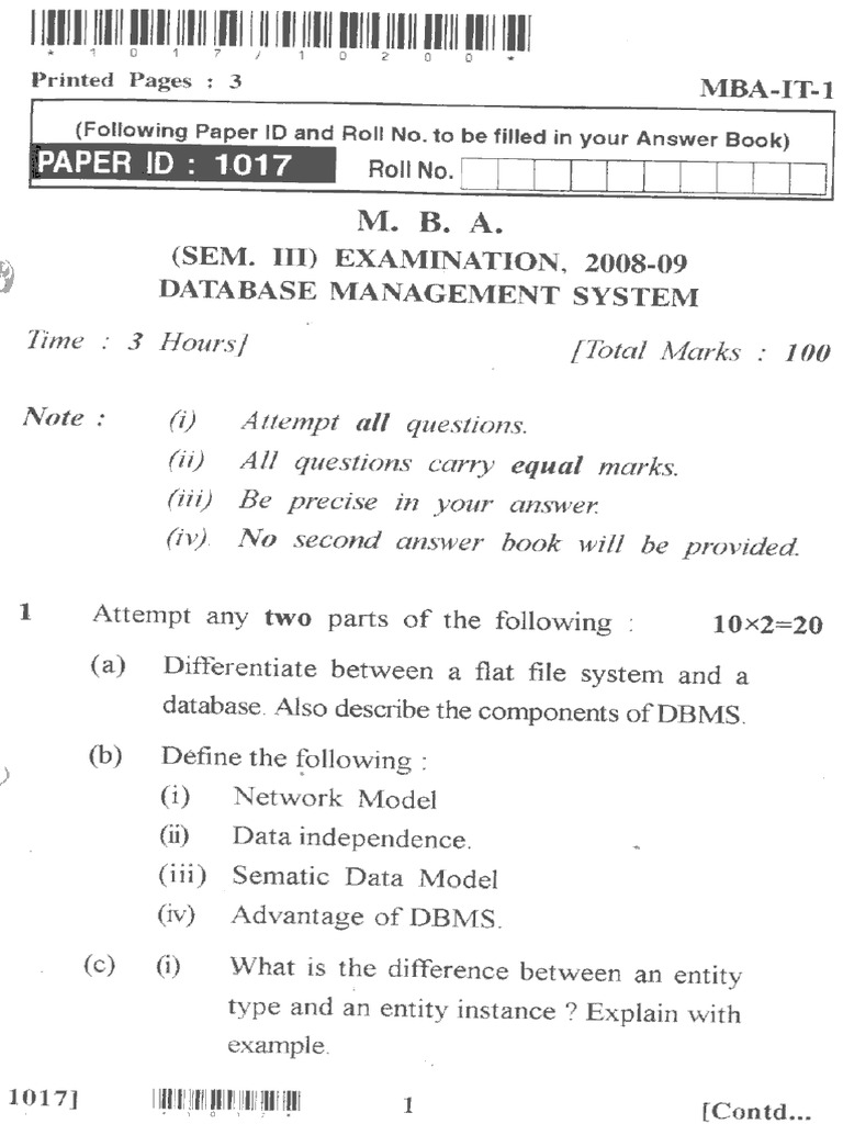Mba 3 Sem Database Management System Mba It 1 2009 | PDF