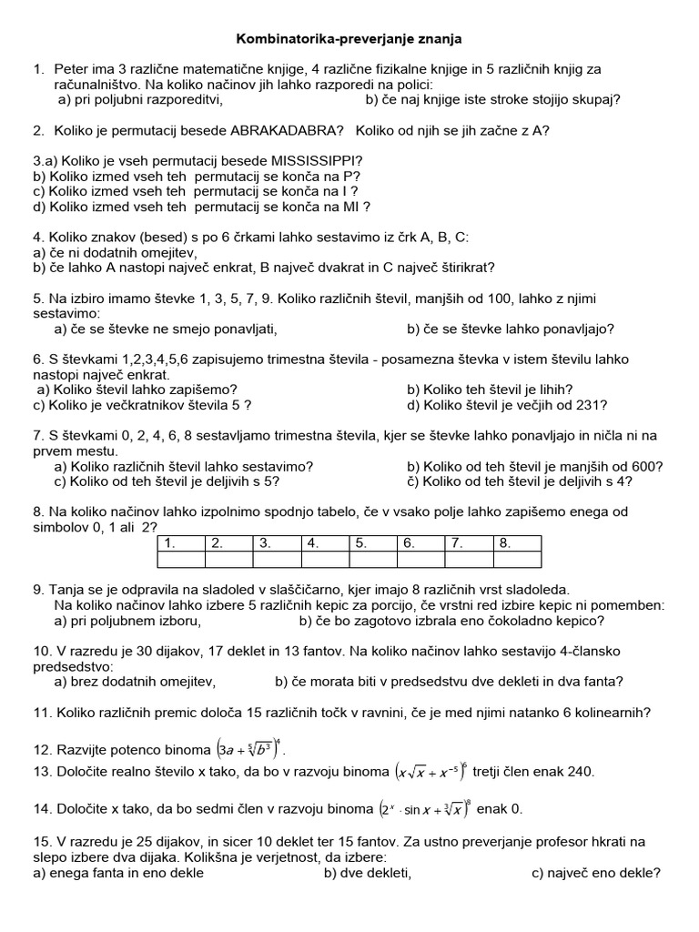 Kombinatorika 24 Preverjanje Znanja | PDF