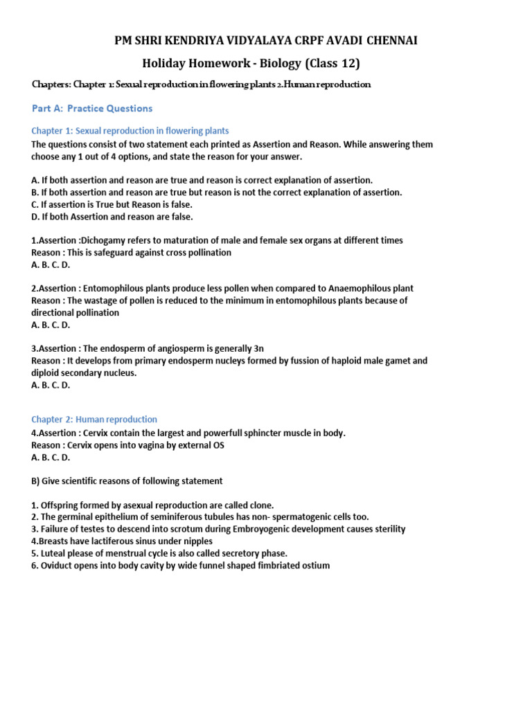 Class 12 Biology Holiday Homework | PDF