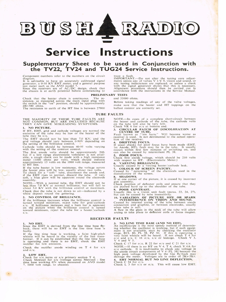 Bush TV22 Fault Location Sheet | PDF
