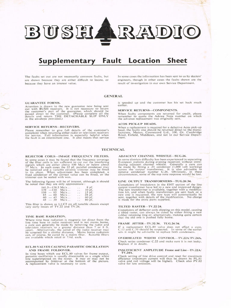 Bush TV22 Supplementary Fault Location Sheet | PDF