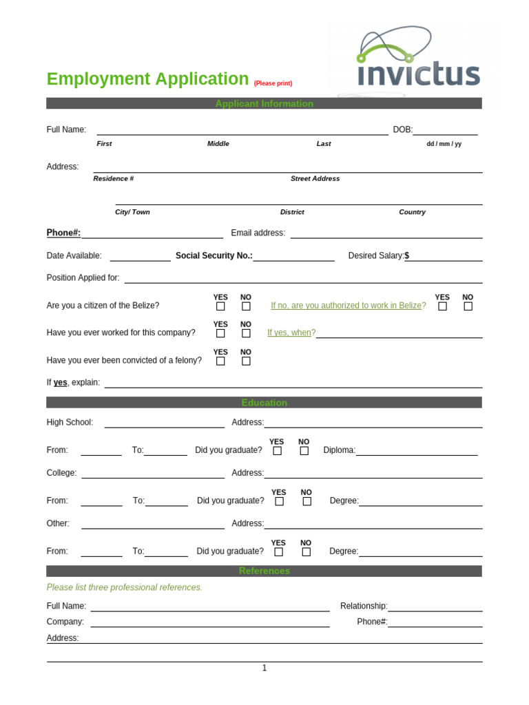 Belize Employment Application Form | PDF | Crimes | Crime & Violence