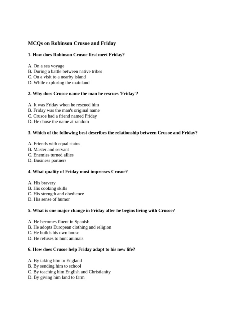 MCQs on Robinson Crusoe and Friday | PDF