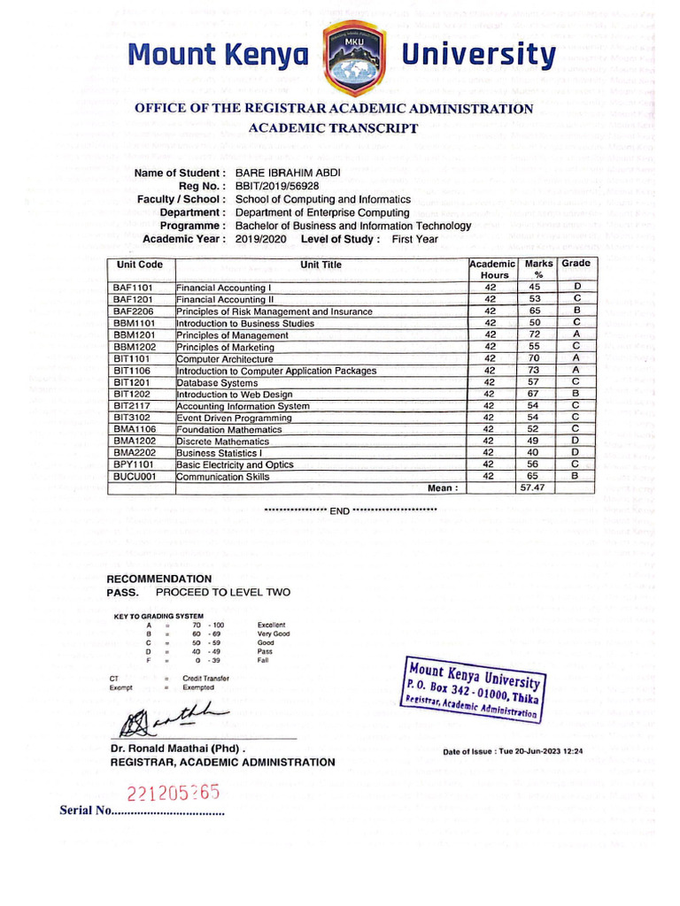 First Year Transcript | PDF