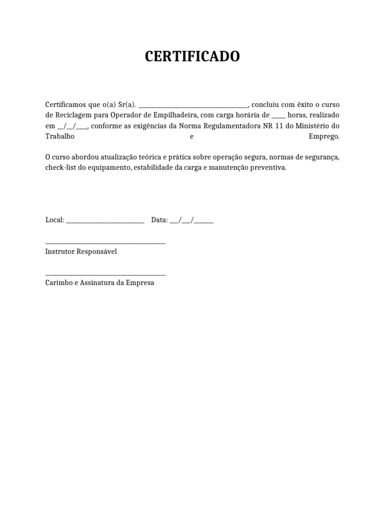 Certificado Reciclagem Empilhadeira | PDF