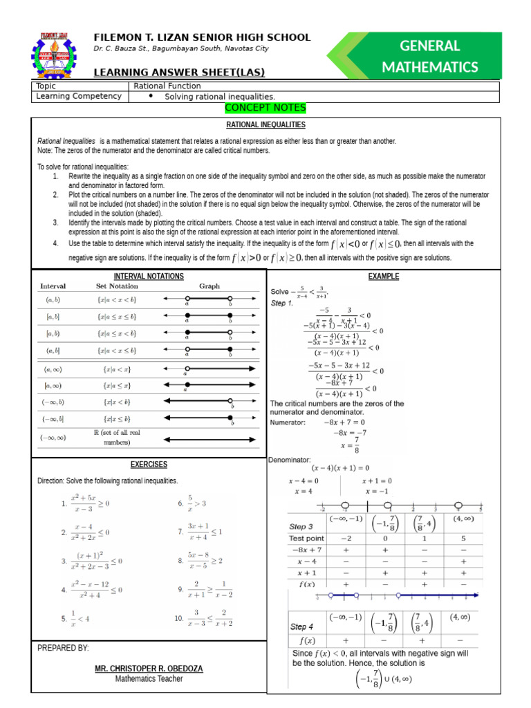 8.GM - LAS - Solving Rational Inequalities | PDF | Inequality (Mathematics) | Rational Number