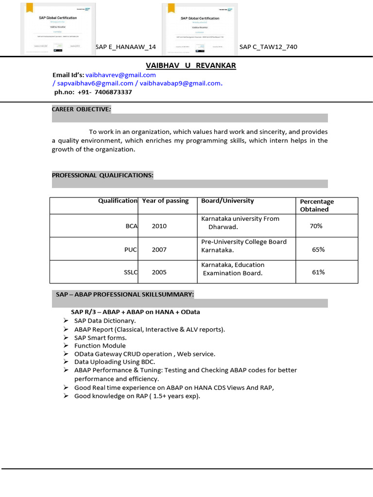 ABAP CV VaibhavRevankar - V1 | PDF | Computing | Software Engineering