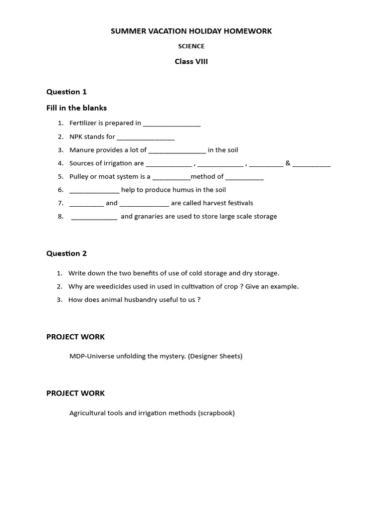 VIII - Summer Vacation Holiday Homework | PDF