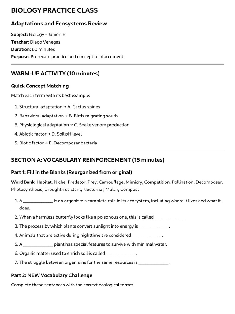 Biology Exam Prep: Adaptations Review | PDF | Ecosystem | Ecological Niche