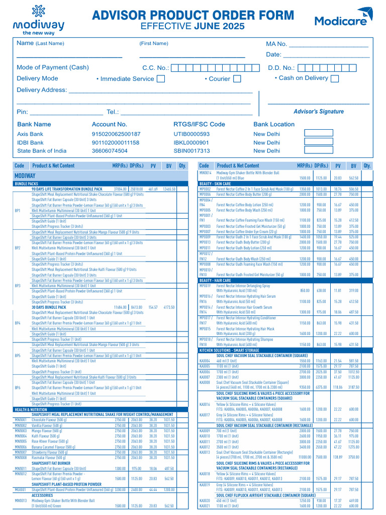 Modicare Product Order Form 2025 | PDF | Shampoo | Detergent