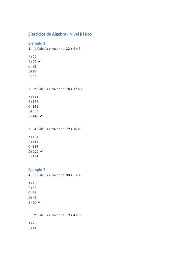 Ejercicios Algebra Nivel Basico | PDF