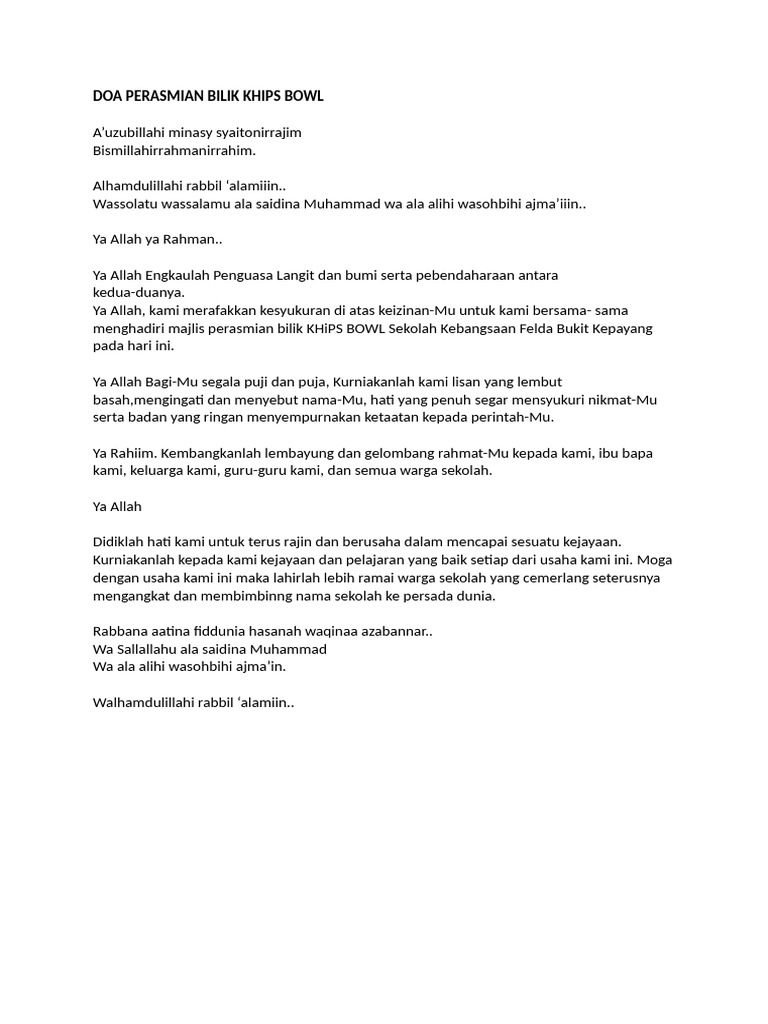 Doa Perasmian Bilik KHiPS BOWL | PDF