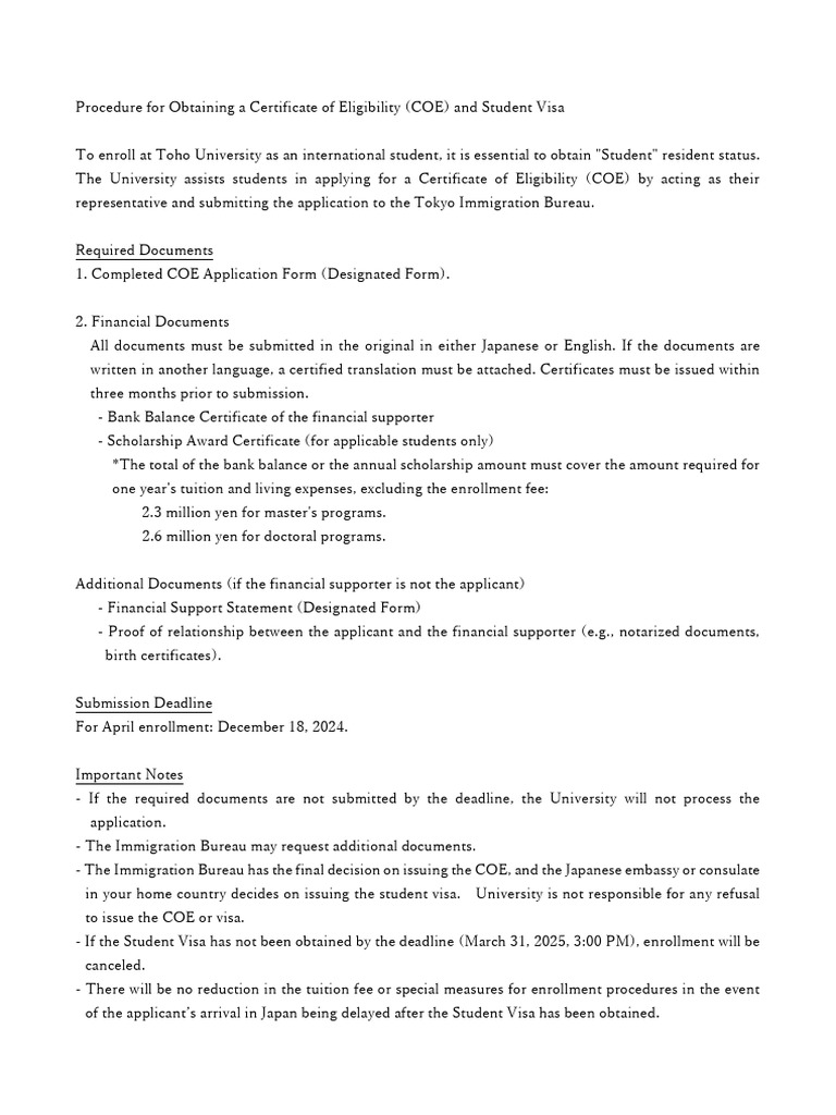 Obtaining COE for Japan Student Visa | PDF