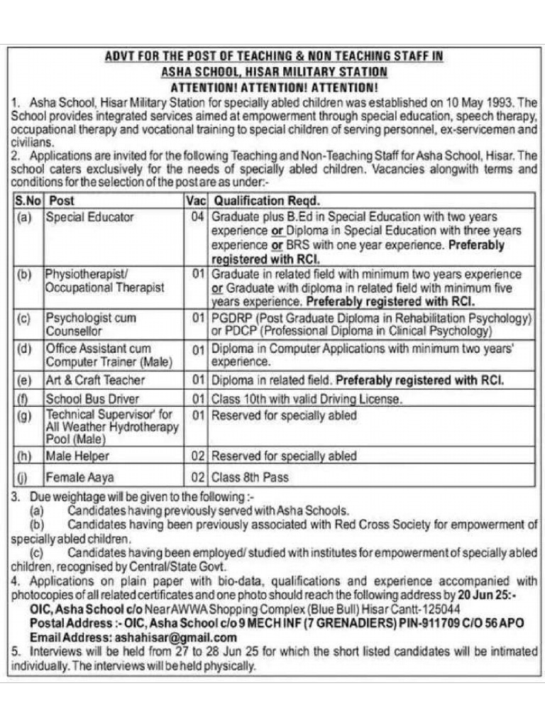 Asha School Military Station Hisar Vacancy 2025 Official Notification ...