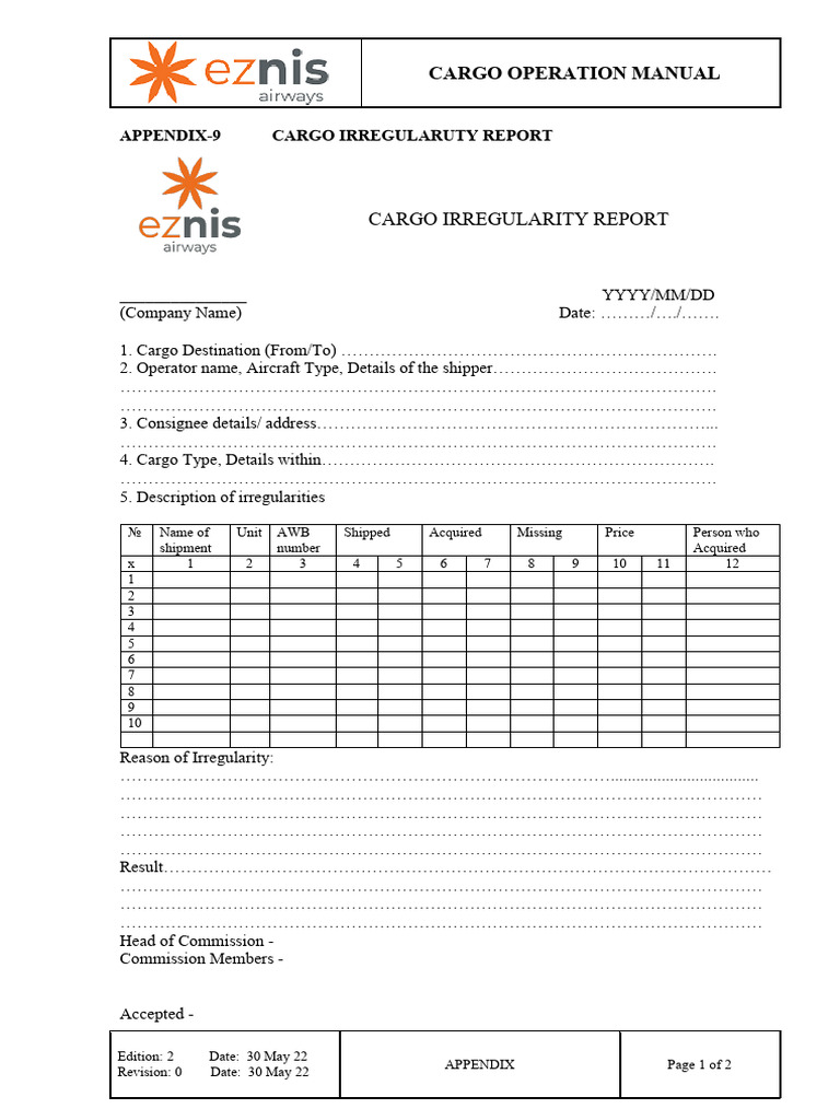 Appendix 9 Cargo Irregularity Report | PDF