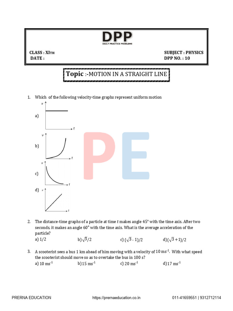 Motion in 1D DPP 10 Min | PDF | Acceleration | Velocity