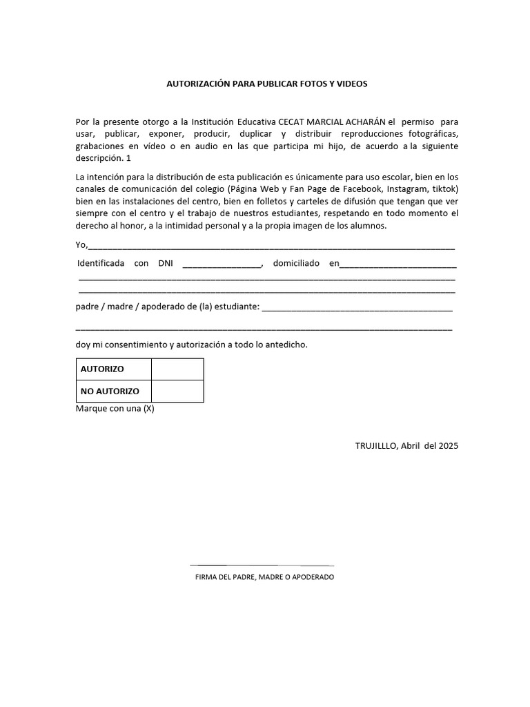 Autorización para Publicar Fotos y Videos | PDF