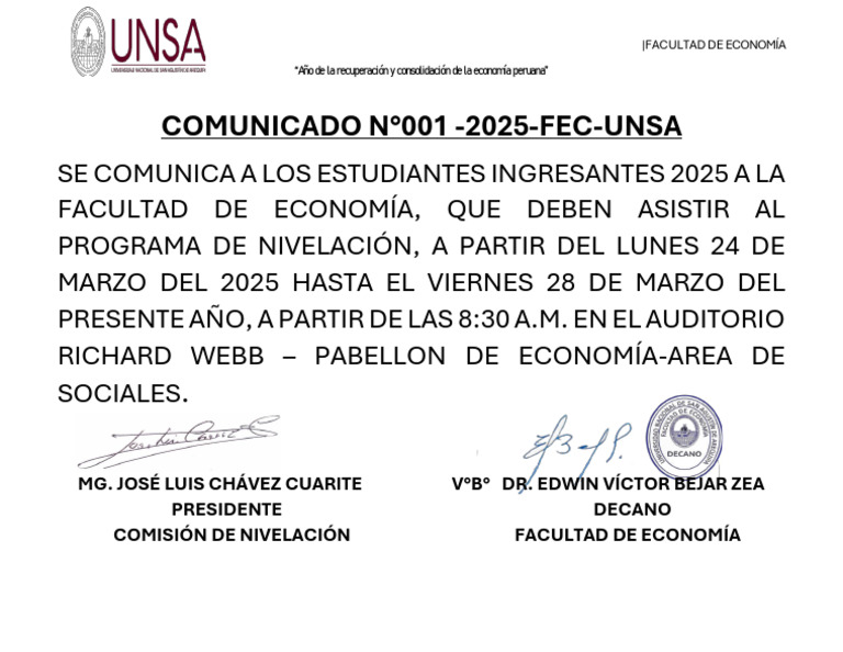 Comunicado N°001-2025-Fec-Unsa - Corregido | PDF